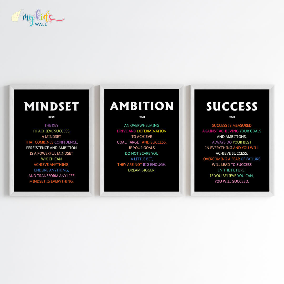 Mindset, Ambition, Success trilogy Motivational Wall Art (Framed Set o ...